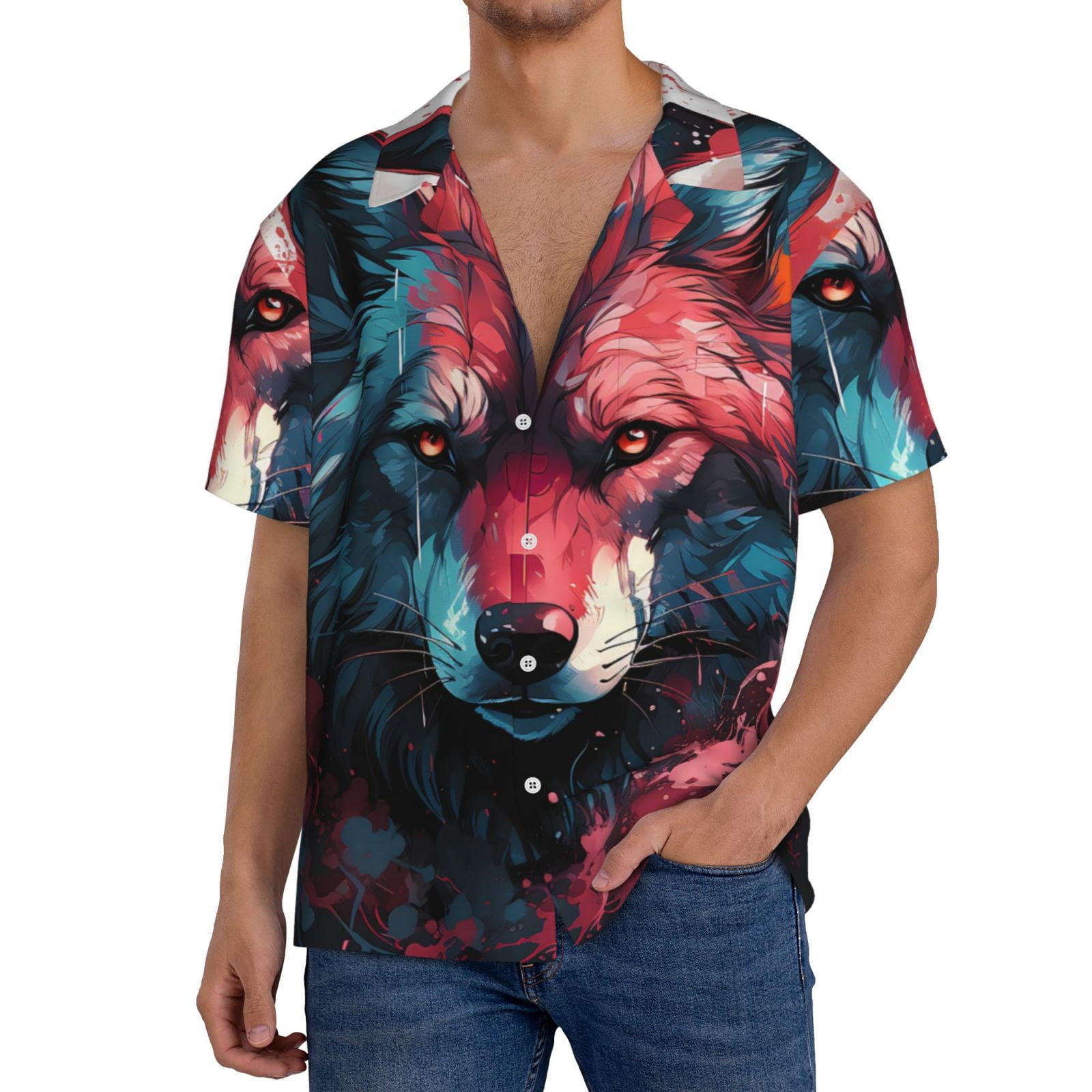 Fotbe Red Flame Wolf Head Camisa Estampada de Manga Corta para Hombre ...