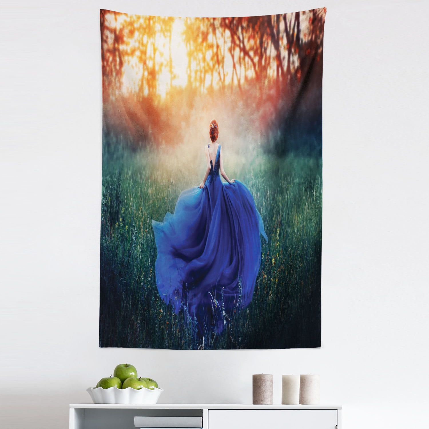 Women Tapestry, Lady in Royal Gown Running Escaping on Meadow Sunset ...