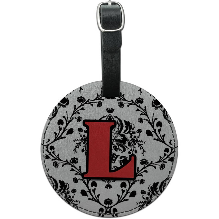Letter L Initial Damask Elegant Red Black Round Leather Luggage ID Tag ...