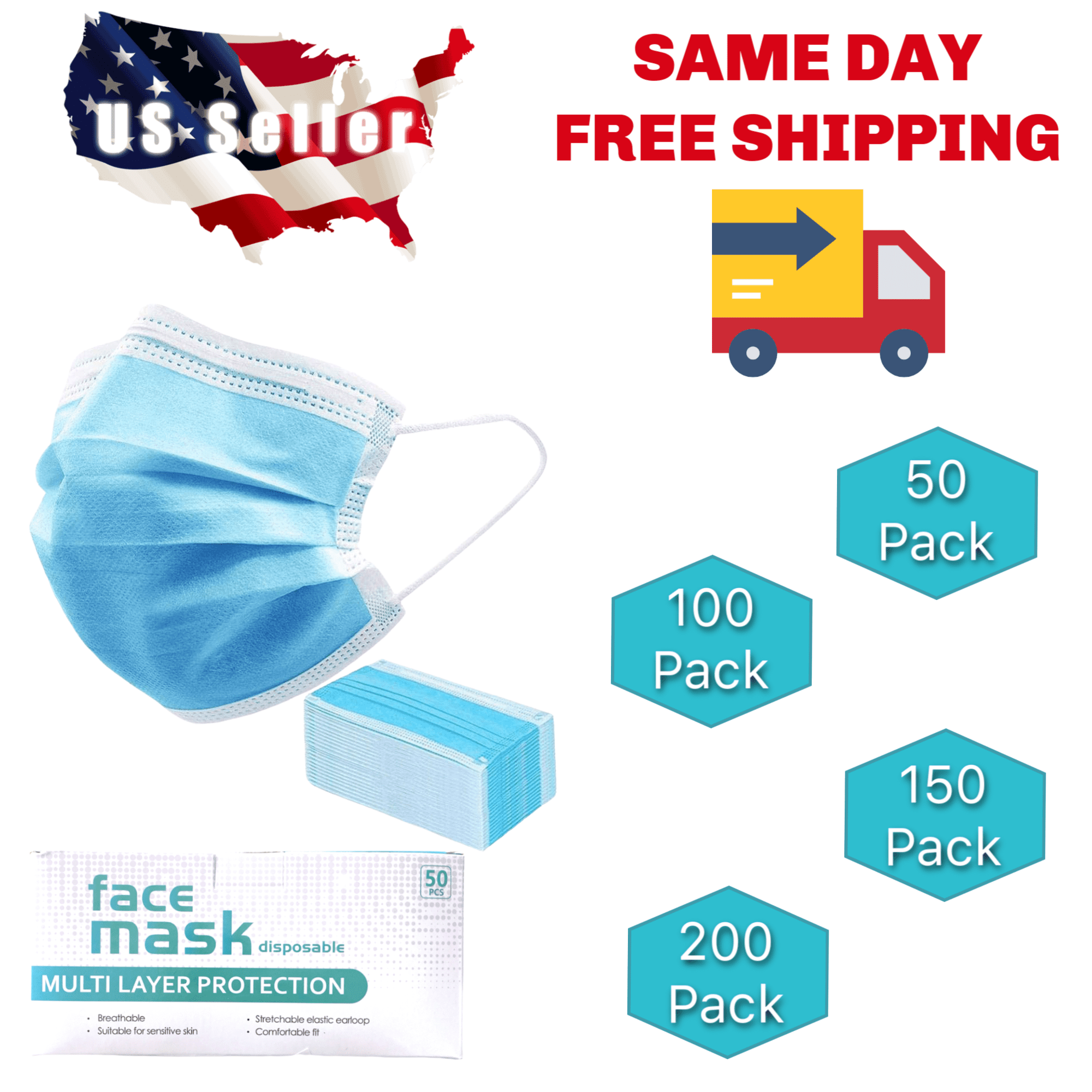 Face Masks 200 PCS Disposable 3 Ply Cotton Fabric w/ Elastic Ear Loop ...