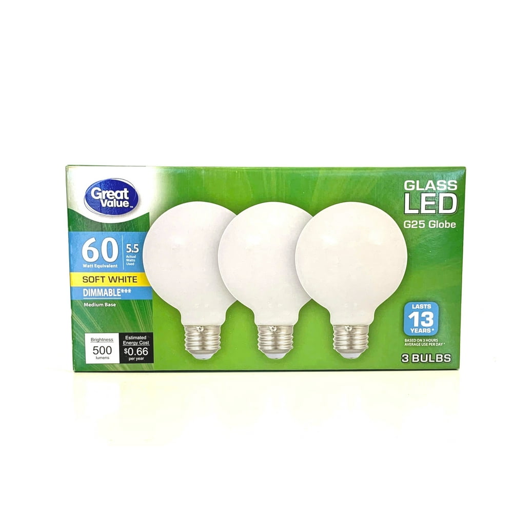 Great Value Glass LED G25 Globe Light Bulbs, 60W, Soft White, 3 Count ... Great Value Glass LED G25 Globe Light Bulbs, 60W, Soft White, 3 Count ...