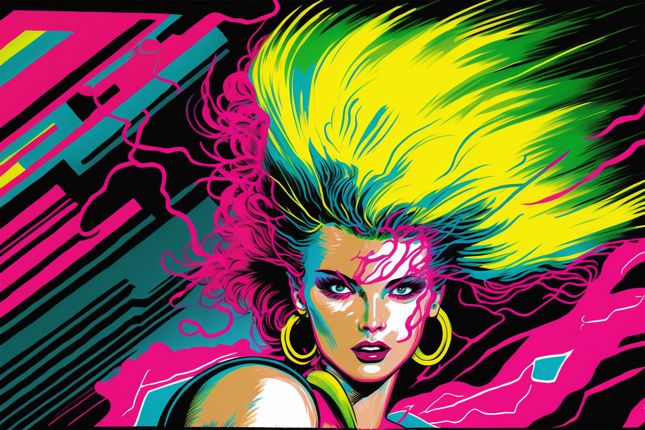24x36 gallery poster, 1980s neon Synth pop girl in the New Wave style ...