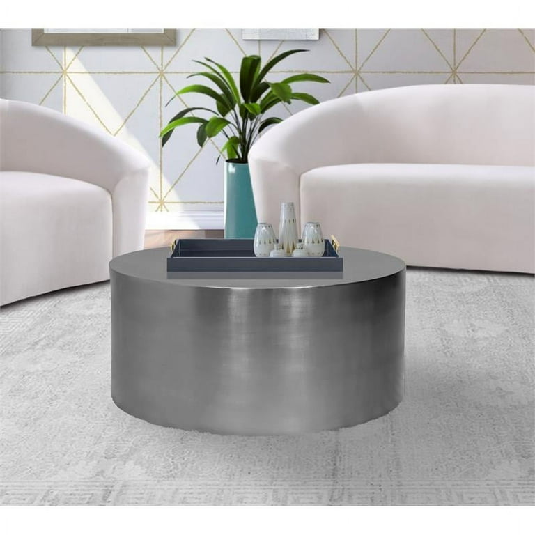 Meridian Furniture Cylinder Round Brushed Chrome Metal Coffee Table