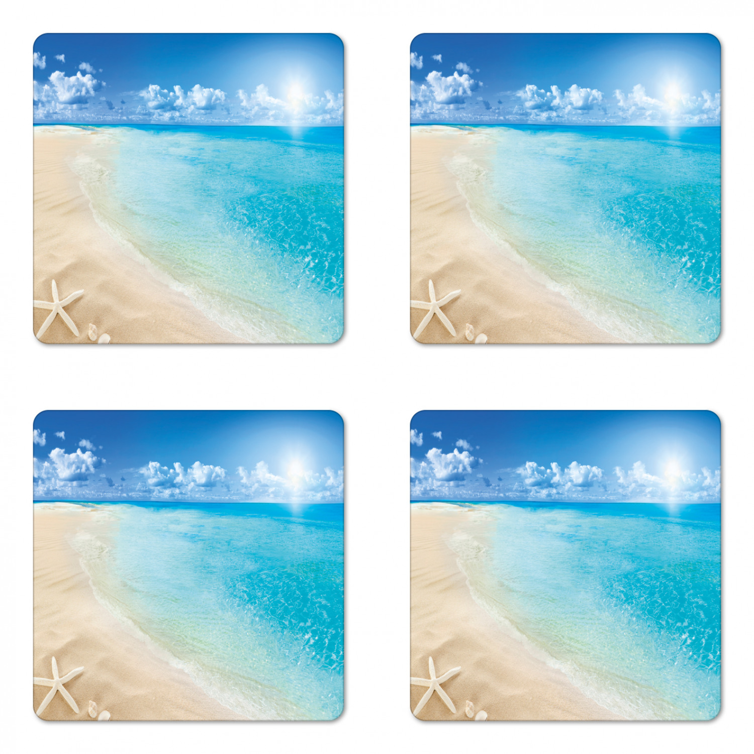 Beach Coaster Set of 4, Sunny Summer Seashore Clear Sky Seashells ...