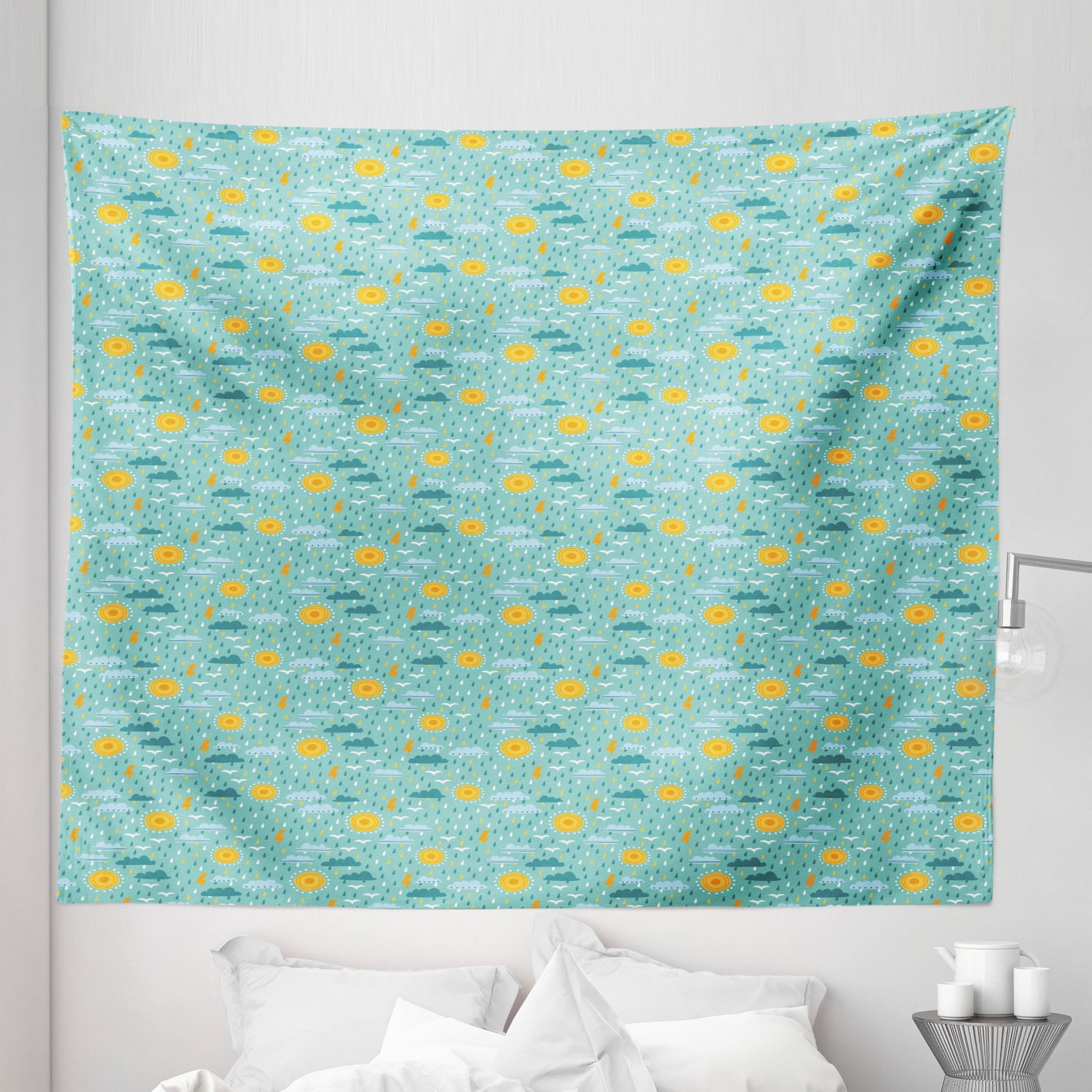 Clouds Tapestry, Weather Pattern with Sun Rain and Thunder Bolts Themed ...