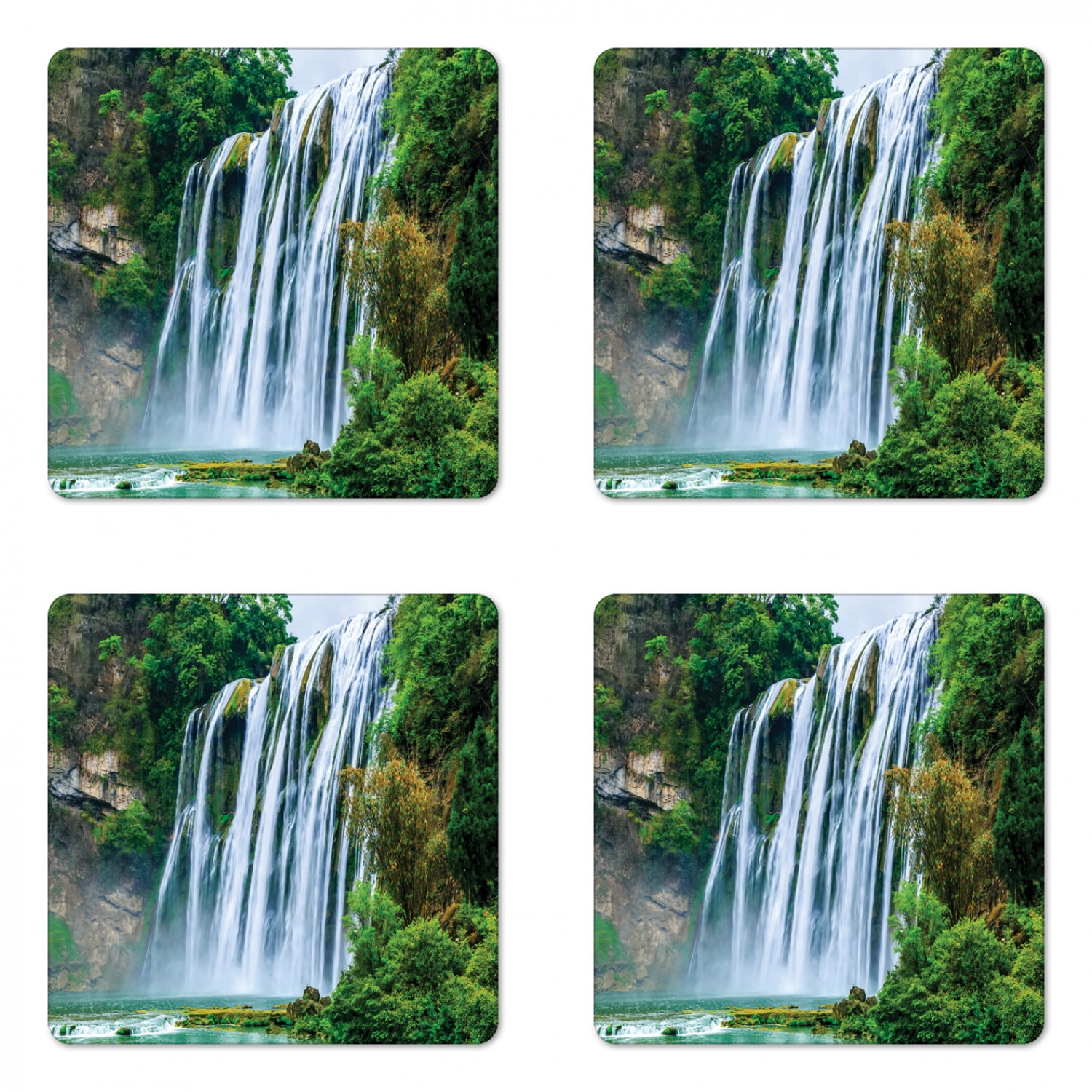 Waterfall Coaster Set of 4, Huge Waterfall Landscape Surrounded by ...