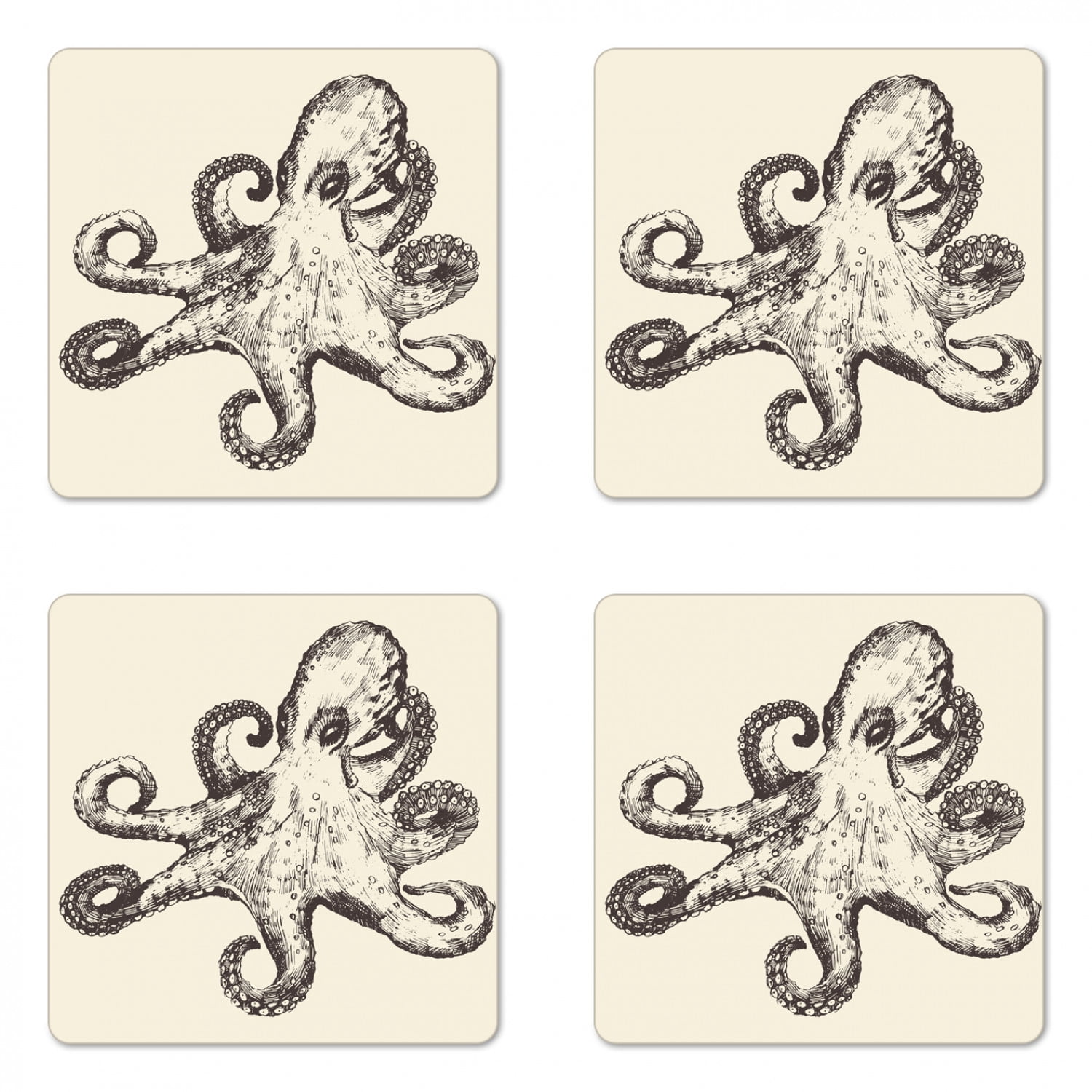 Octopus Coaster Set of 4, Retro Style Engraving Sketch of an Adult Sea ...