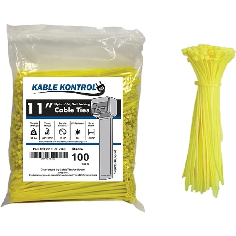 Kable Kontrol Zip Ties - 11" Long - 100 Pc Pk - Fluorescent Yellow color - Nylon - 50 Lbs ...