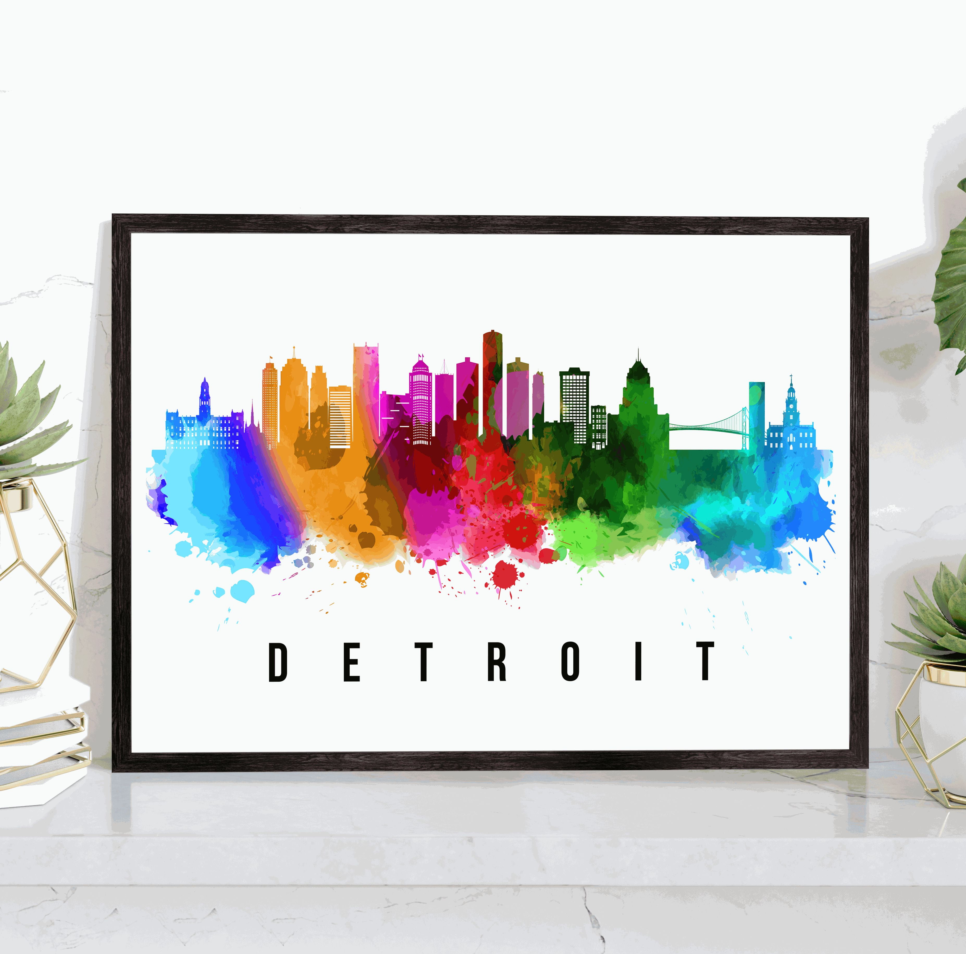 Pera Print Detroit Skyline Michigan Poster, Detroit Cityscape Painting ...