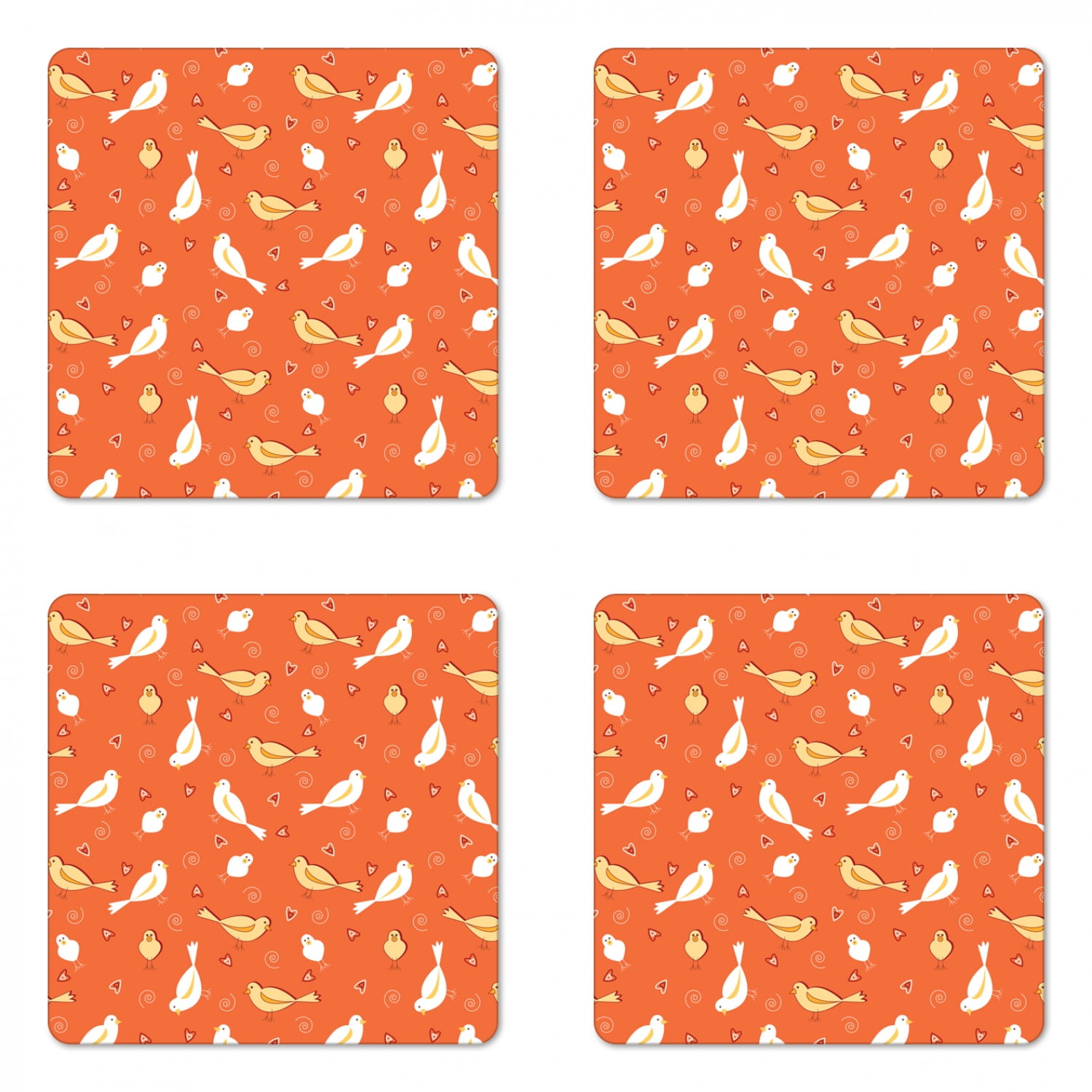 Orange Coaster Set of 4, Birds with Heart Shapes Swirling Patterns on ...