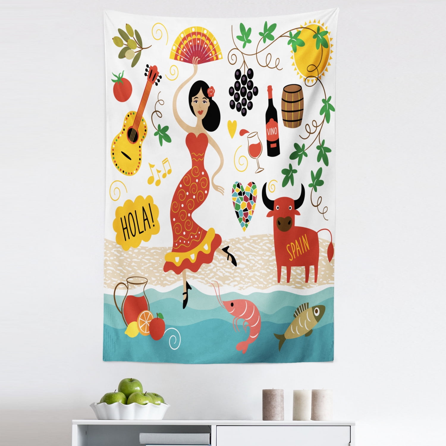 Spain Tapestry, Landmarks of Country Culture Themed Cartoonish Drawn ...