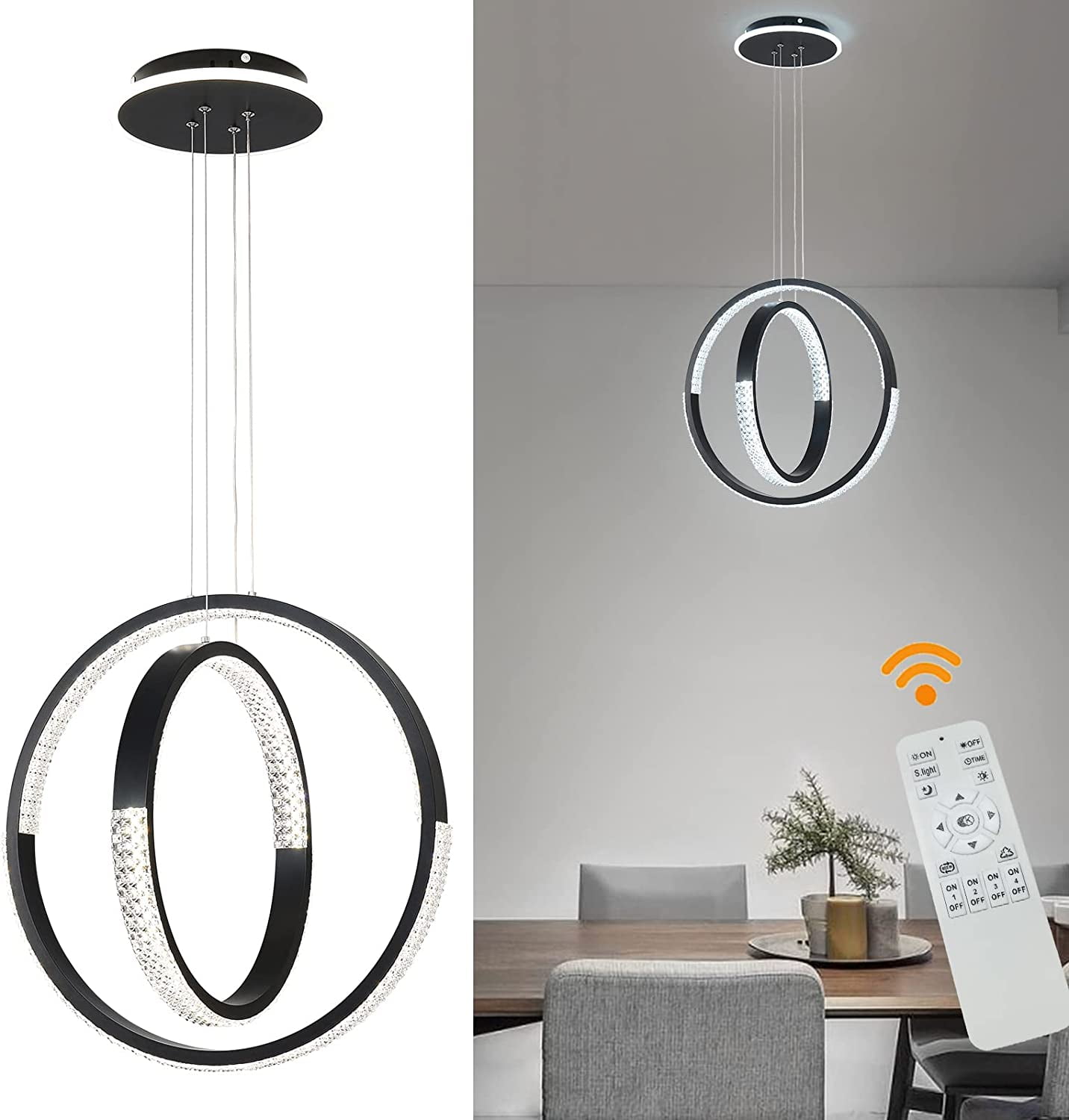 Miumaeov 2 Rings LED Chandelier Adjustable Remote Control Crystal Shape ...