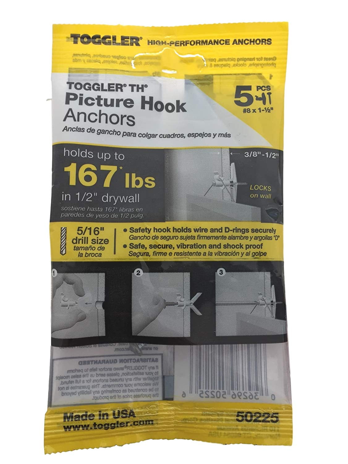 Toggler TH Picture Hook Anchors with Metal Screws, Sold 5/Zack Pack ...