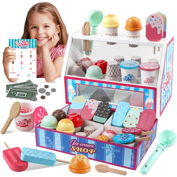 Ice Cream Toys, Wooden Ice Cream Play Set, Pretend Play Toys, 47 Pcs ...