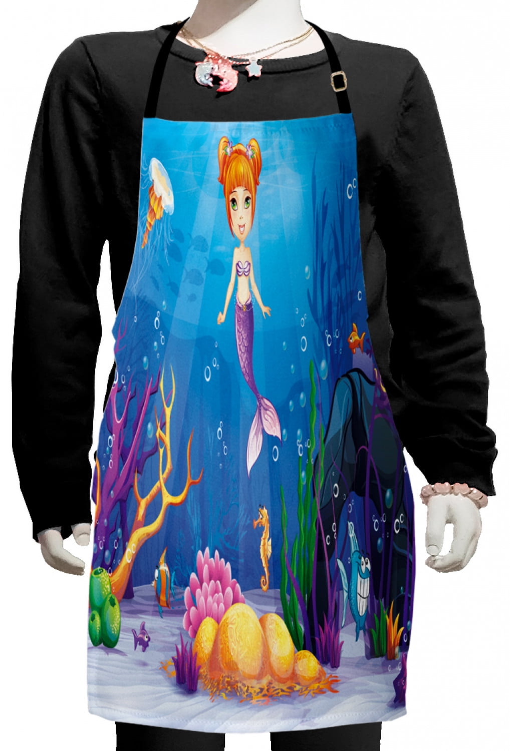 Mermaid Kids Apron, Underwater World Little Girl and Different Type of ...