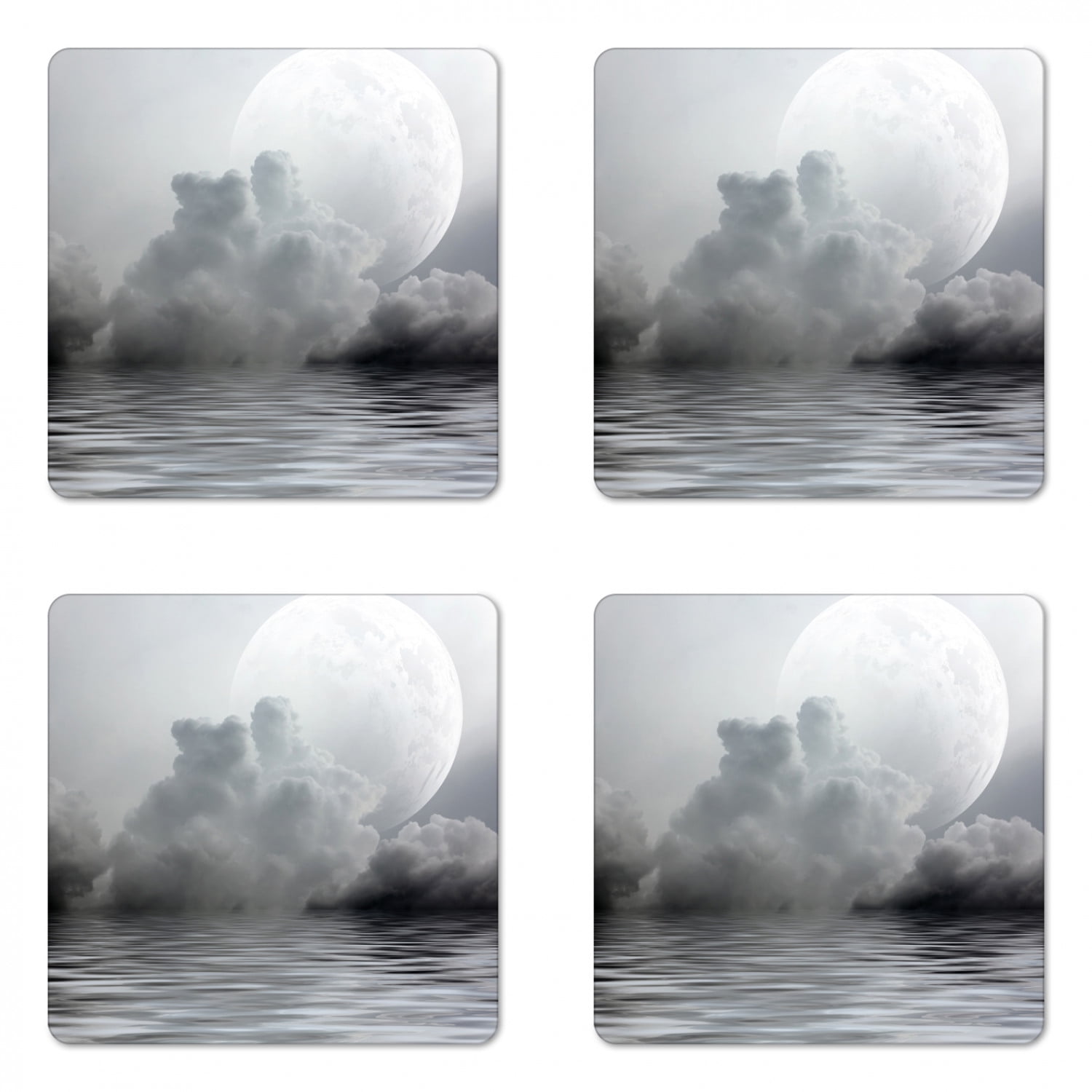 Moon Coaster Set of 4, Misty Air in the Ocean Monochrome Picture with ...