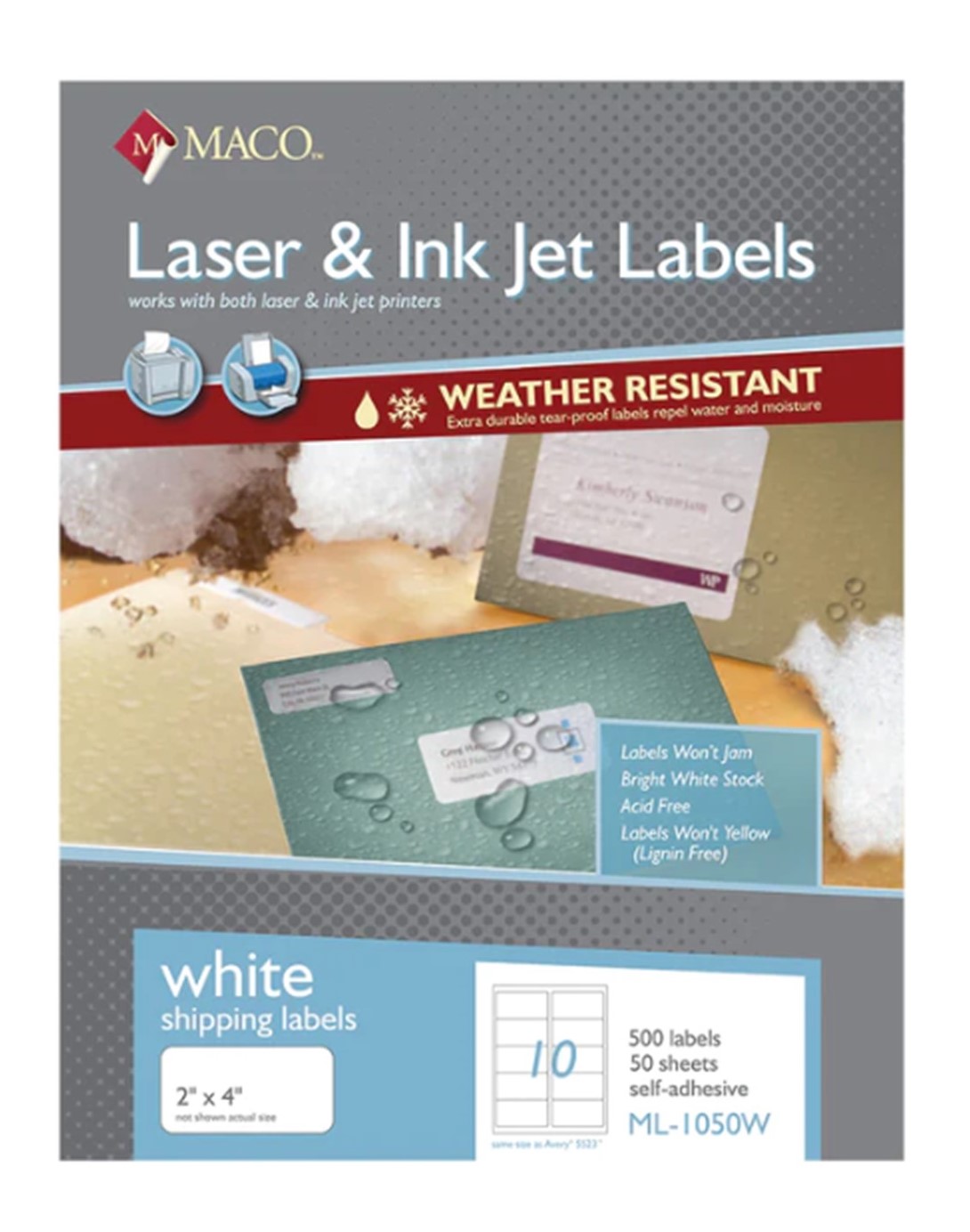 Maco Weather Resistant Laser & Inkjet Shipping Labels, 4" x 2", Ten ...