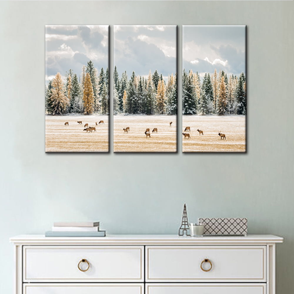 TISHIRON 3PCS Framed Canvas Wall Art Set,36"x24" Elk Near Firs And ...