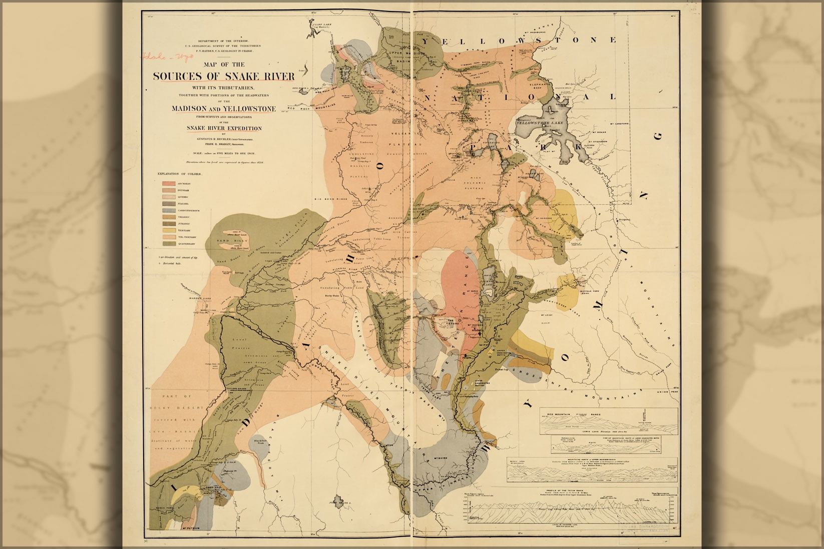 24"x36" Gallery Poster, Map of the sources of Snake River 1872 ...