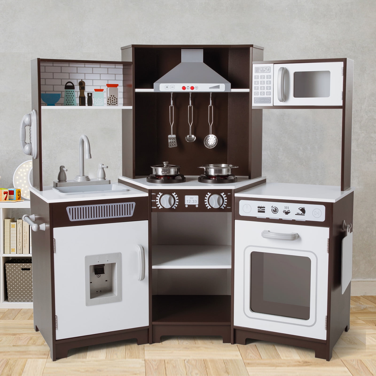 Kids Play Kitchen Corner Wooden Pretend Toddler Toys with Microwave ...