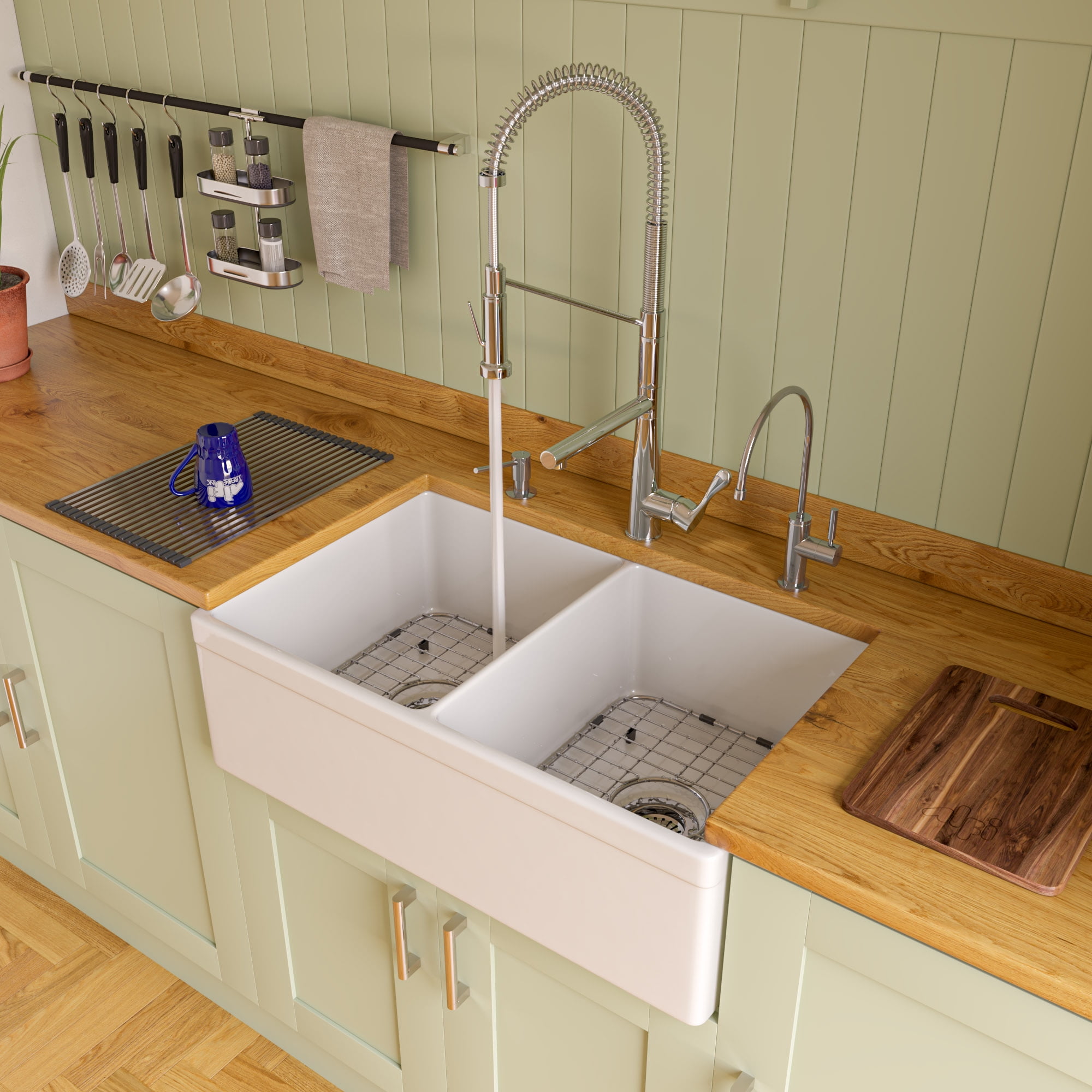 White 32" Decorative Lip Apron Double Bowl Fireclay Farmhouse Kitchen ...