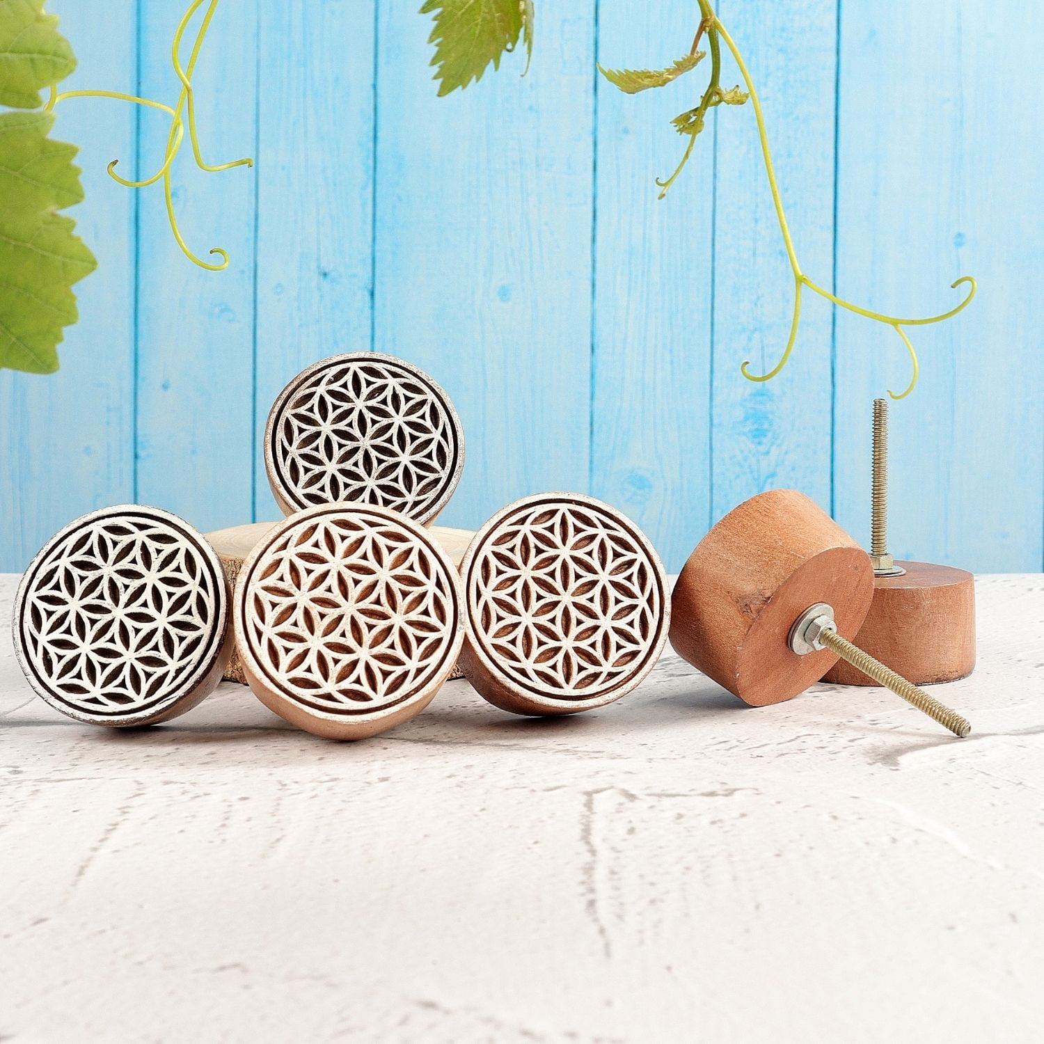 Hashcart® Floral Wooden Cabinet Knobs | Set of 6 | Unique Handmade ...