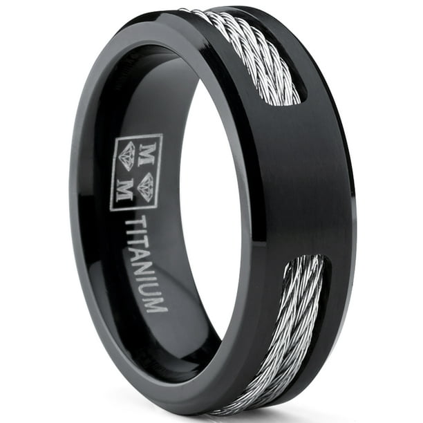 Men's Black Titanium ring Wedding band with Stainless Steel Cables size ...