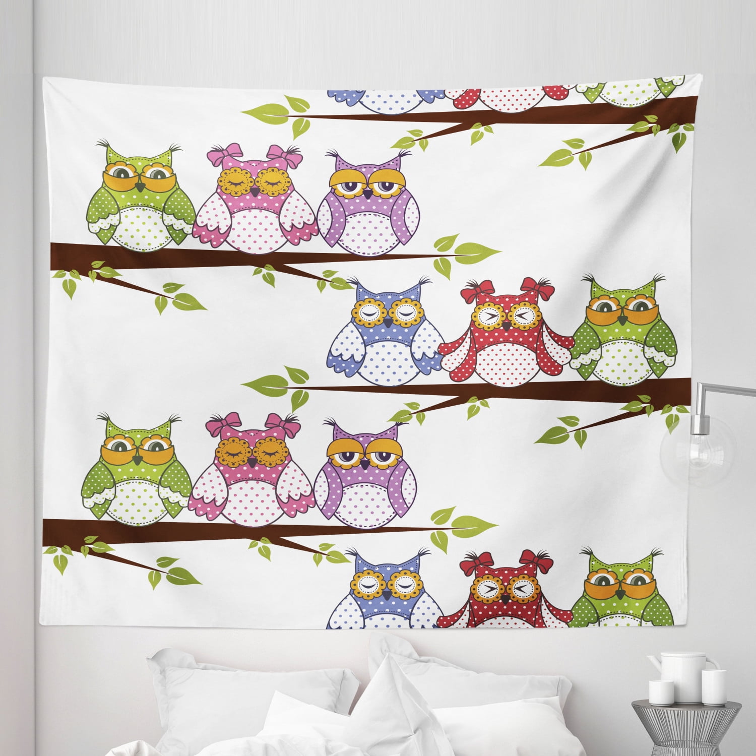 Owls Tapestry, Owls on the Tree Branches Sitting in Horizontal Line ...
