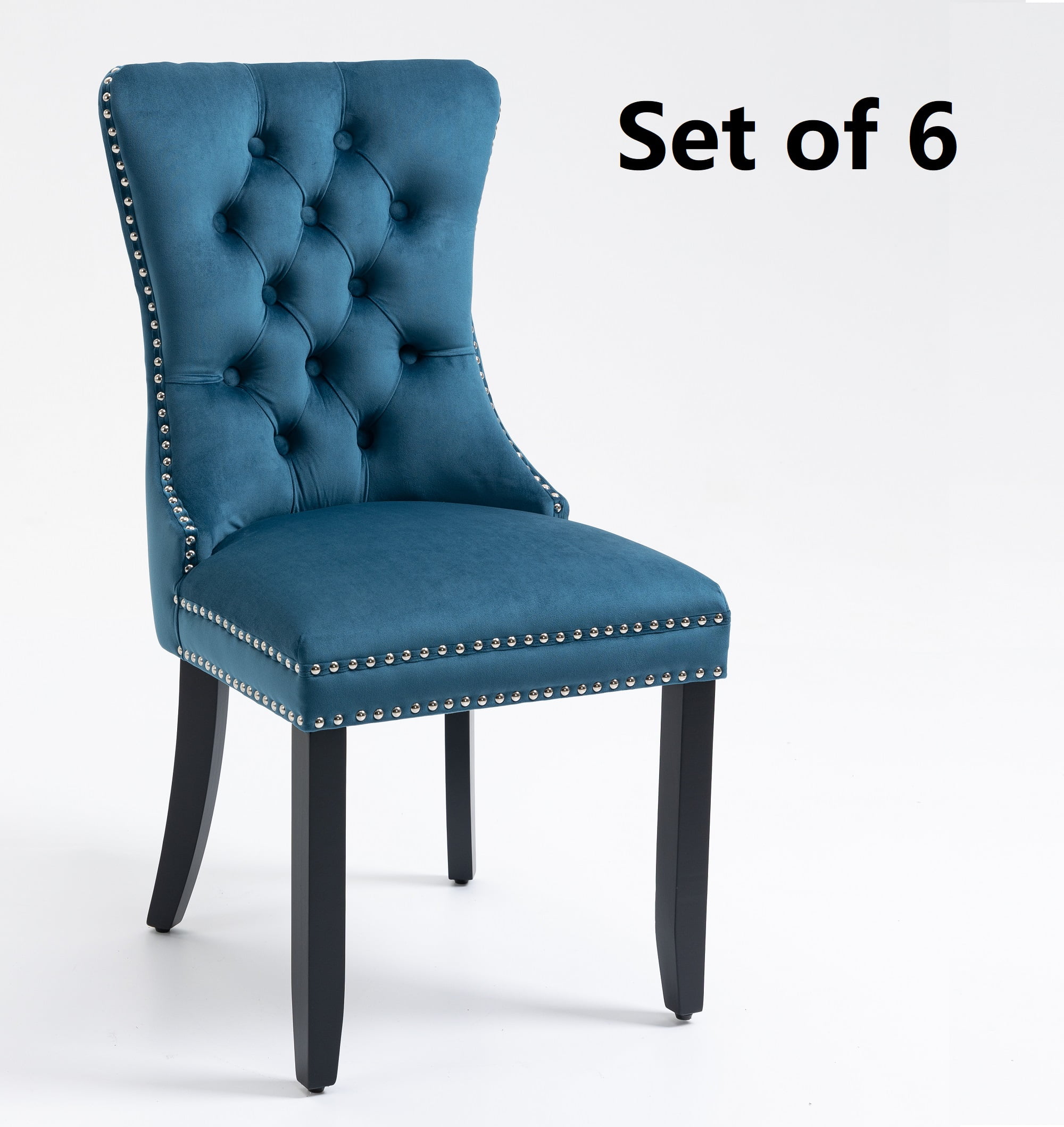 Set of 6 Velvet Fabric Dining Chairs Luxury Tufted Back with Nailed ...