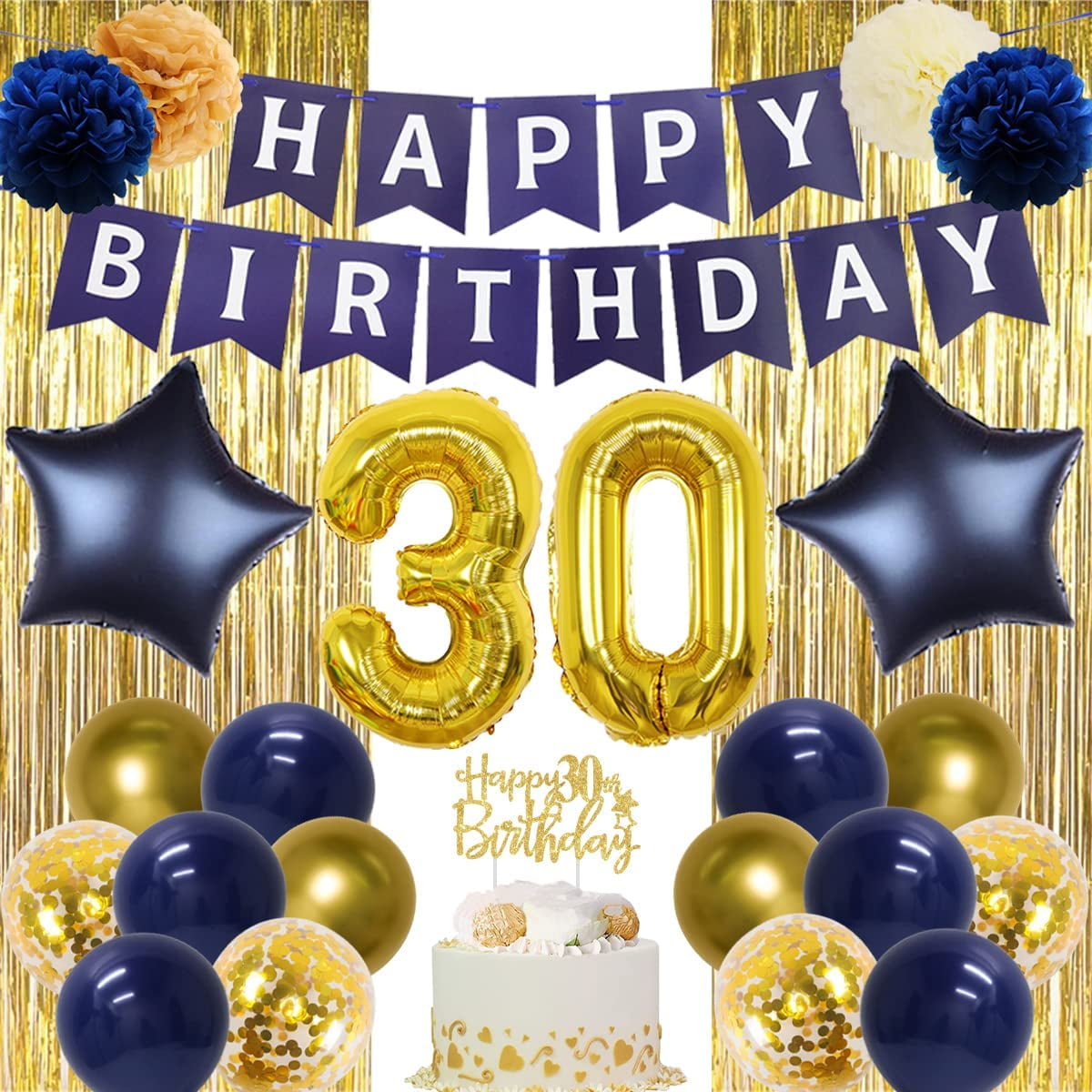 Navy Blue and Gold 30th Birthday Decoration for Men Women with Paper ...