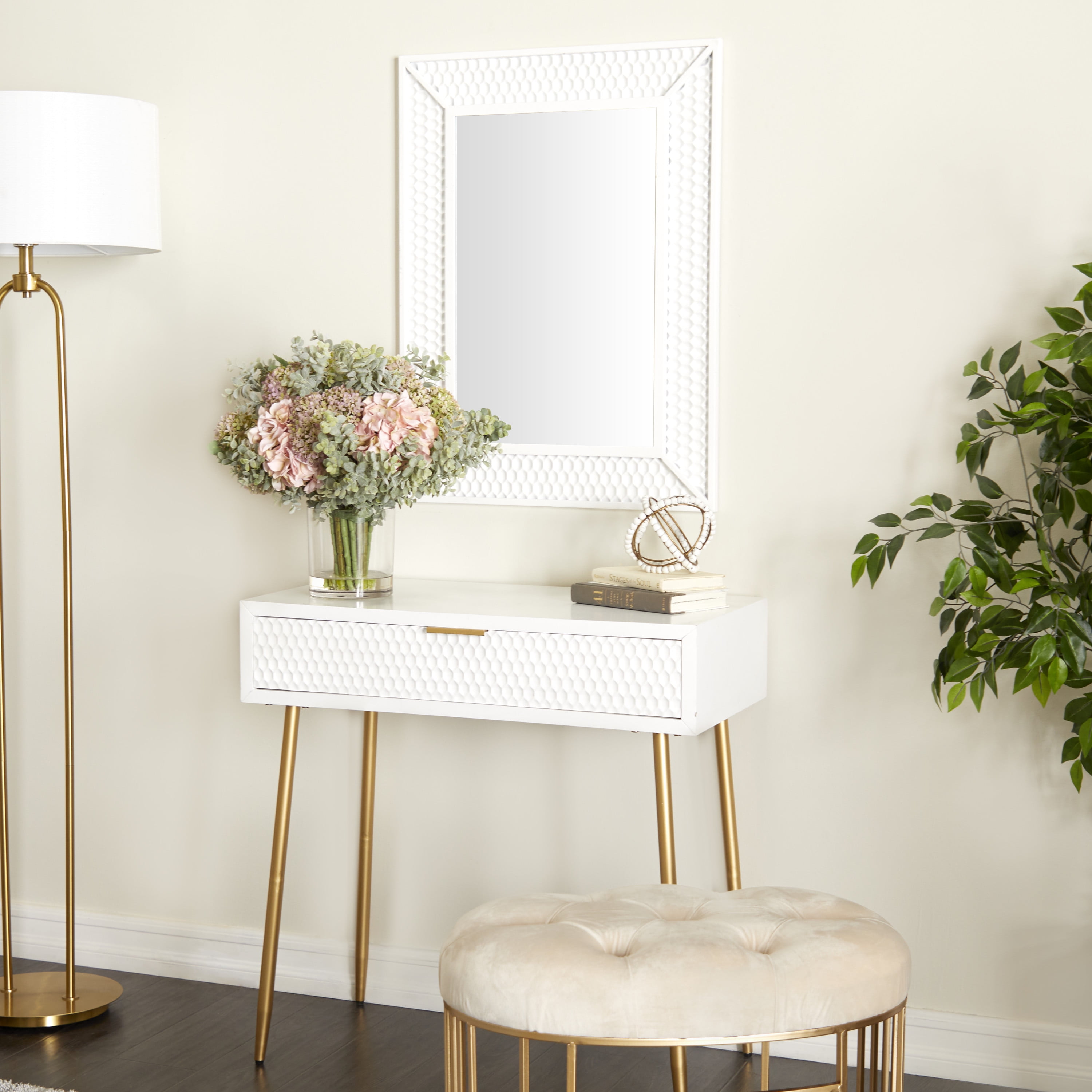 DecMode 31" x 31" White Wood Single Drawer Console Table with Mirror, 2 ...