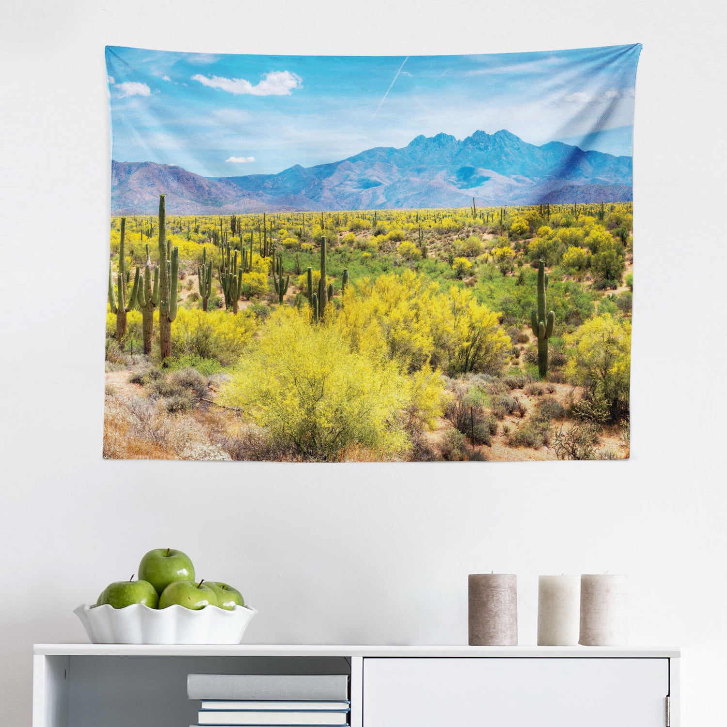 Cactus Tapestry, Cacti Spikes Flowers Birds Cartoon Style Vintage Like ...