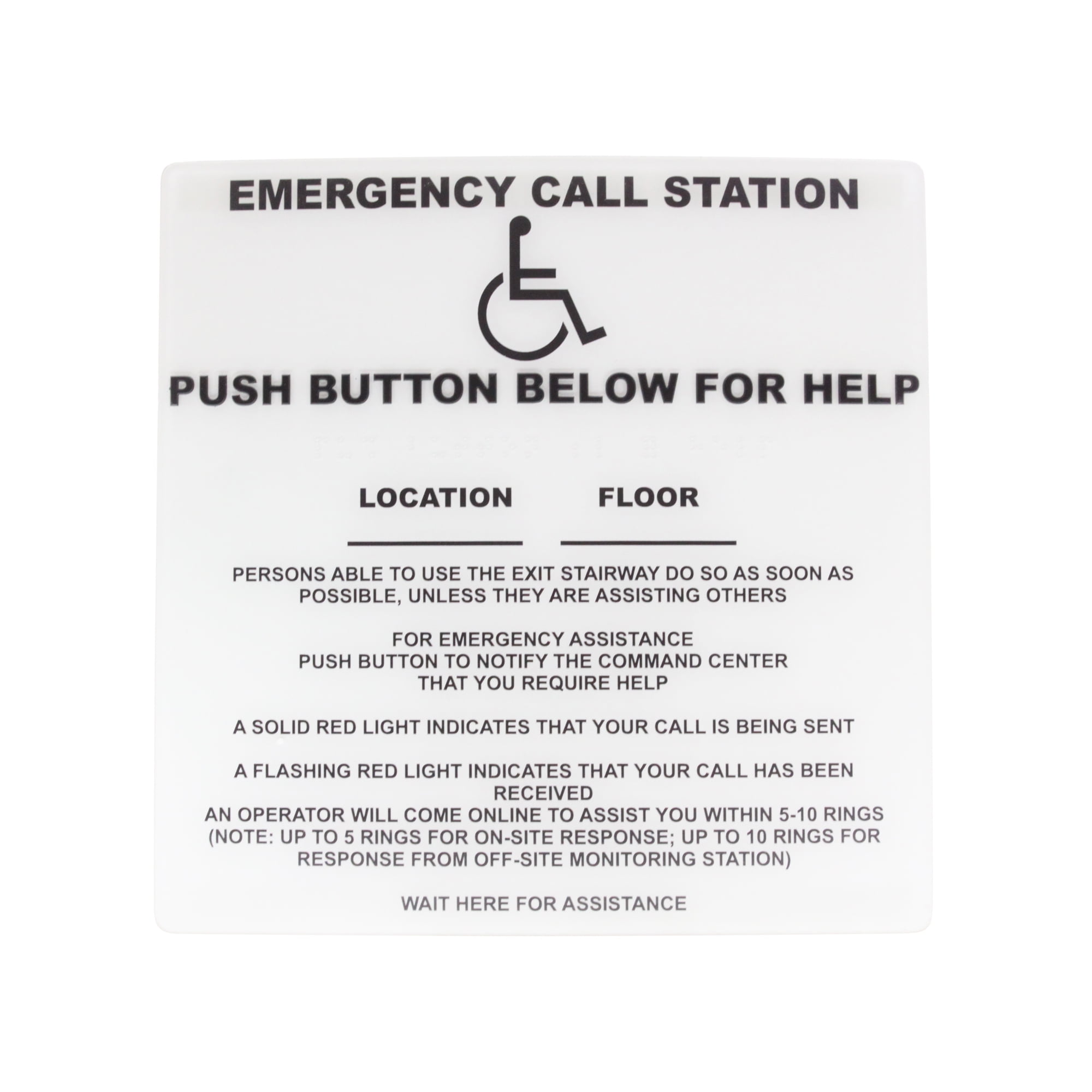 Emergency Call Station Signage W/ Brail Translation "Push Button Below ...