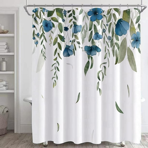Blue Floral Shower Curtain Sets Spring Watercolor Green Leaves Flowers