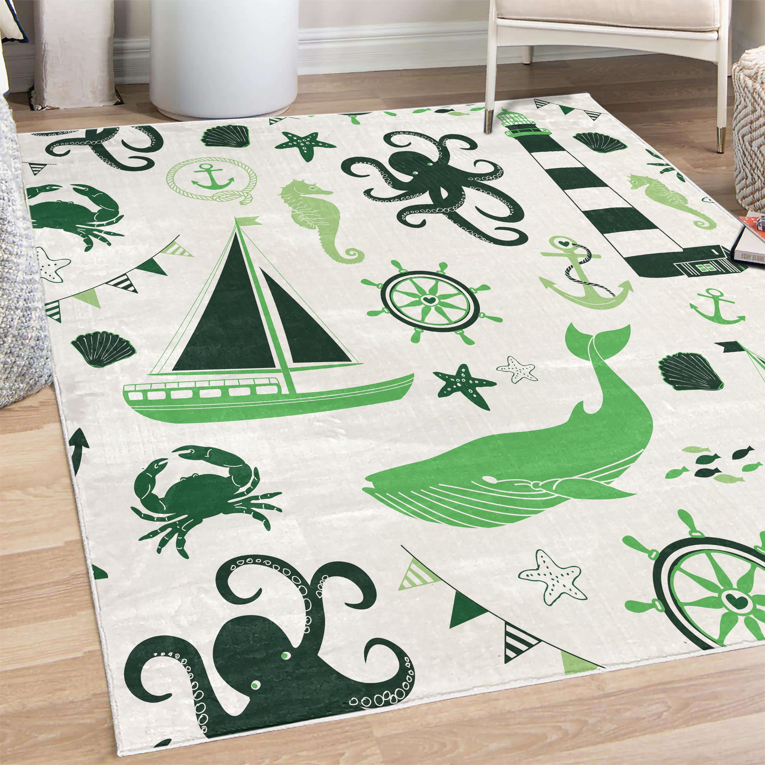 Nautical Decorative Rug, Pastel Colored Composition of Lighthouse ...