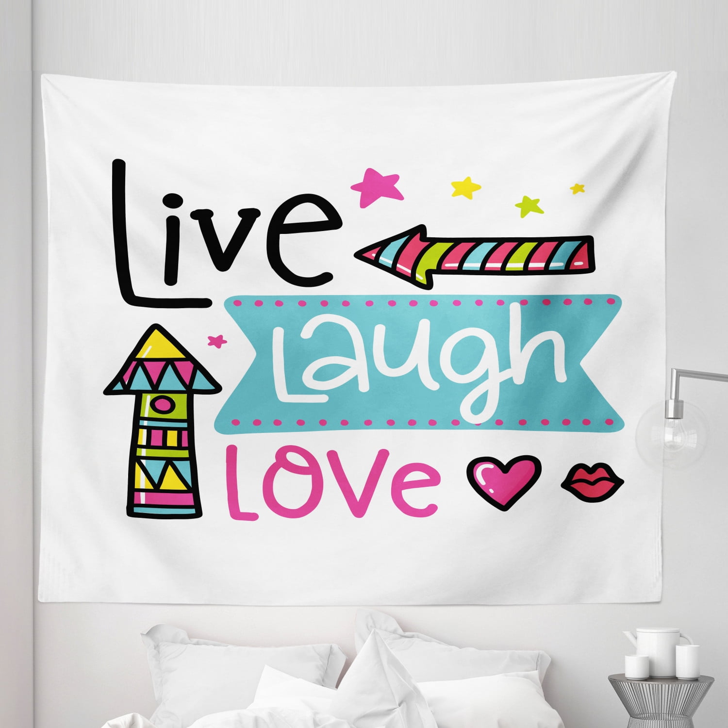Live Laugh Love Tapestry, Lively Colors Cartoon Arrows with Geometric ...