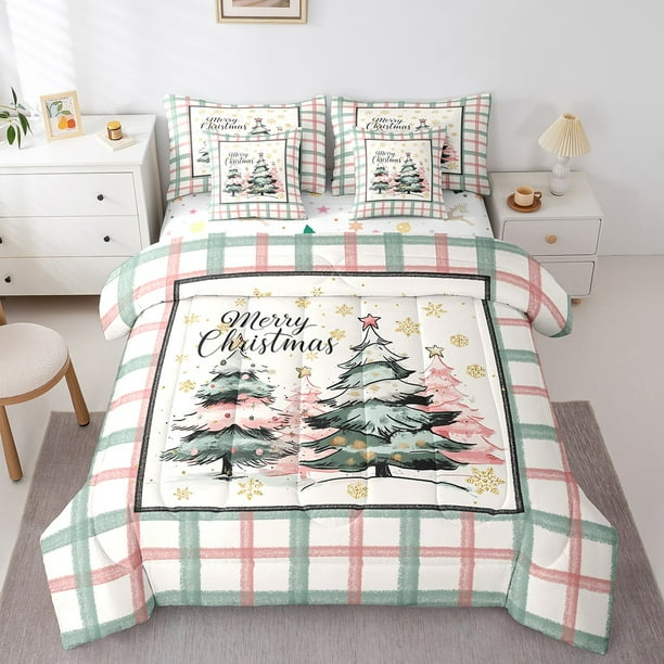 7Pcs Merry Christmas Comforter Sets Pine Tree Decor Snowflakes Queen ...