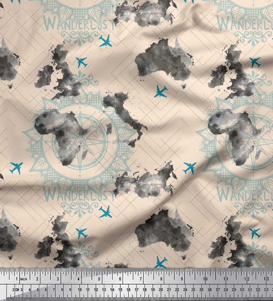 Soimoi White Cotton Duck Fabric Wanderlust & Aeroplane Travel Print ...