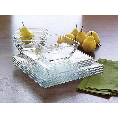 Mainstays 12-Piece Square Clear Glass Dinnerware Set - Walmart.com