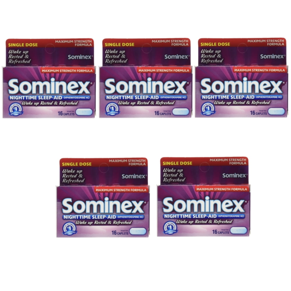 5 Pack Sominex Nighttime Sleep-Aid Maximum Strength 16 Caplets Each ...