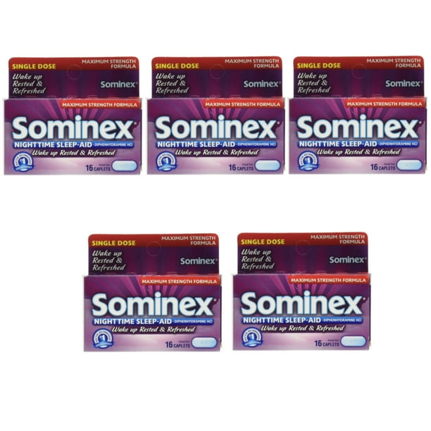 5 Pack Sominex Nighttime Sleep-Aid Maximum Strength 16 Caplets Each ...