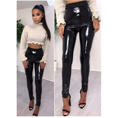 Women Ladies Vinyl PVC Wet Look Shiny Disco Elasticated High Waist ...