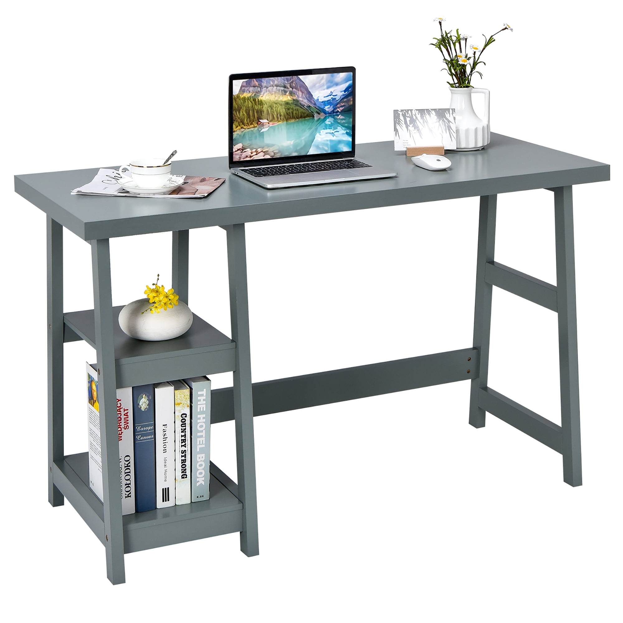 Costway Trestle Computer Desk Indoor Office Workstation w/Removable ...