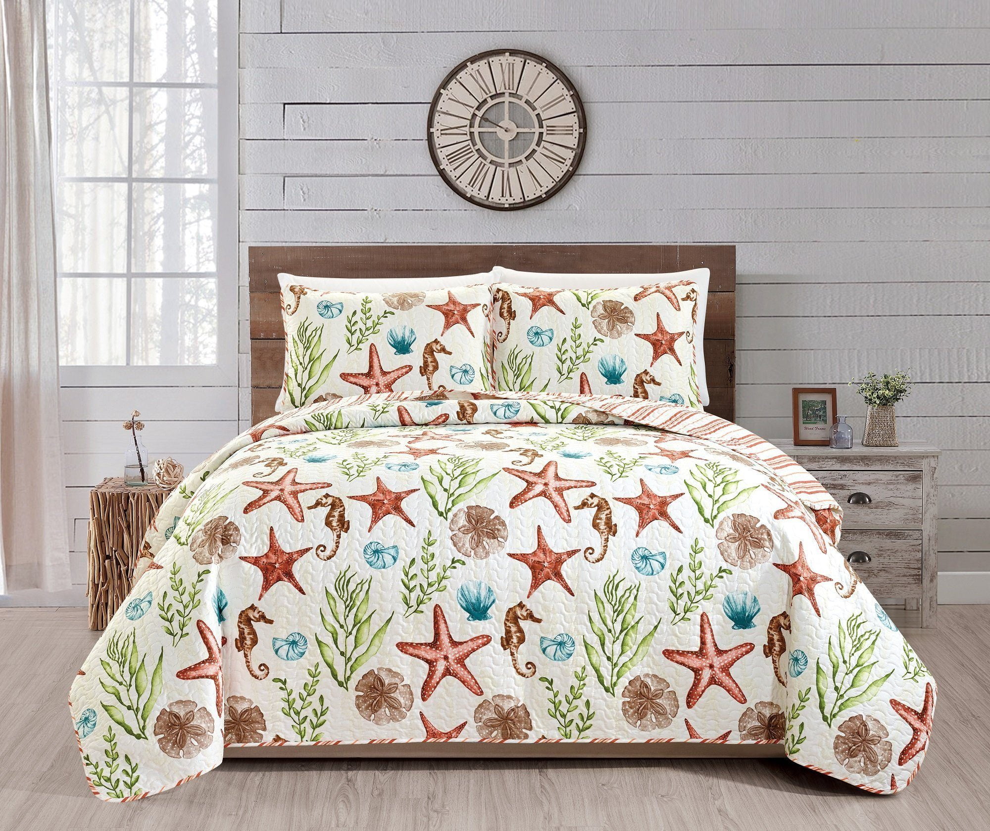 White & Coral Seashells, Starfish, Seahorse, Beach House Coastal ...