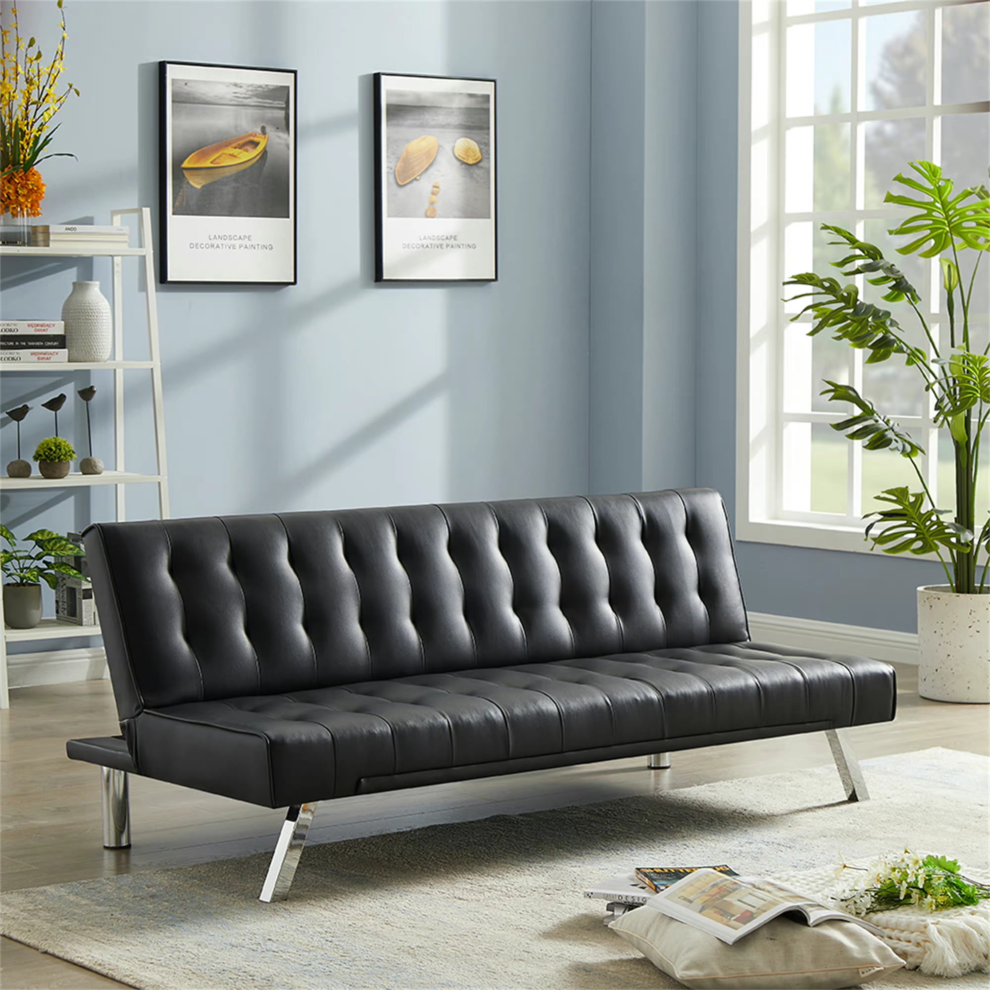 TALEMOHO Sofa Bed-Faux Leather Couch-Convertible Folding-Black ...