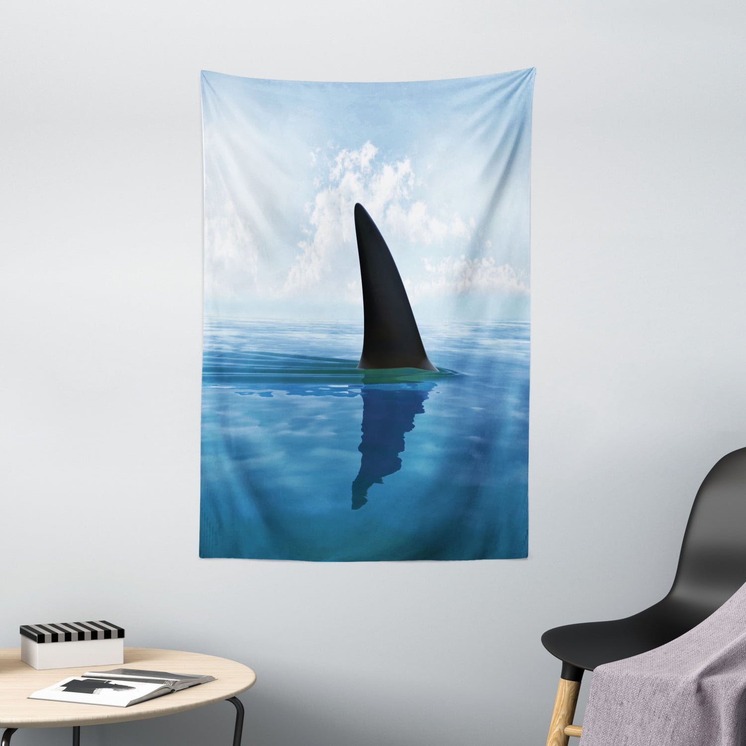 Shark Tapestry, Shark Fish Fin over the Sea Surface Danger Caution ...