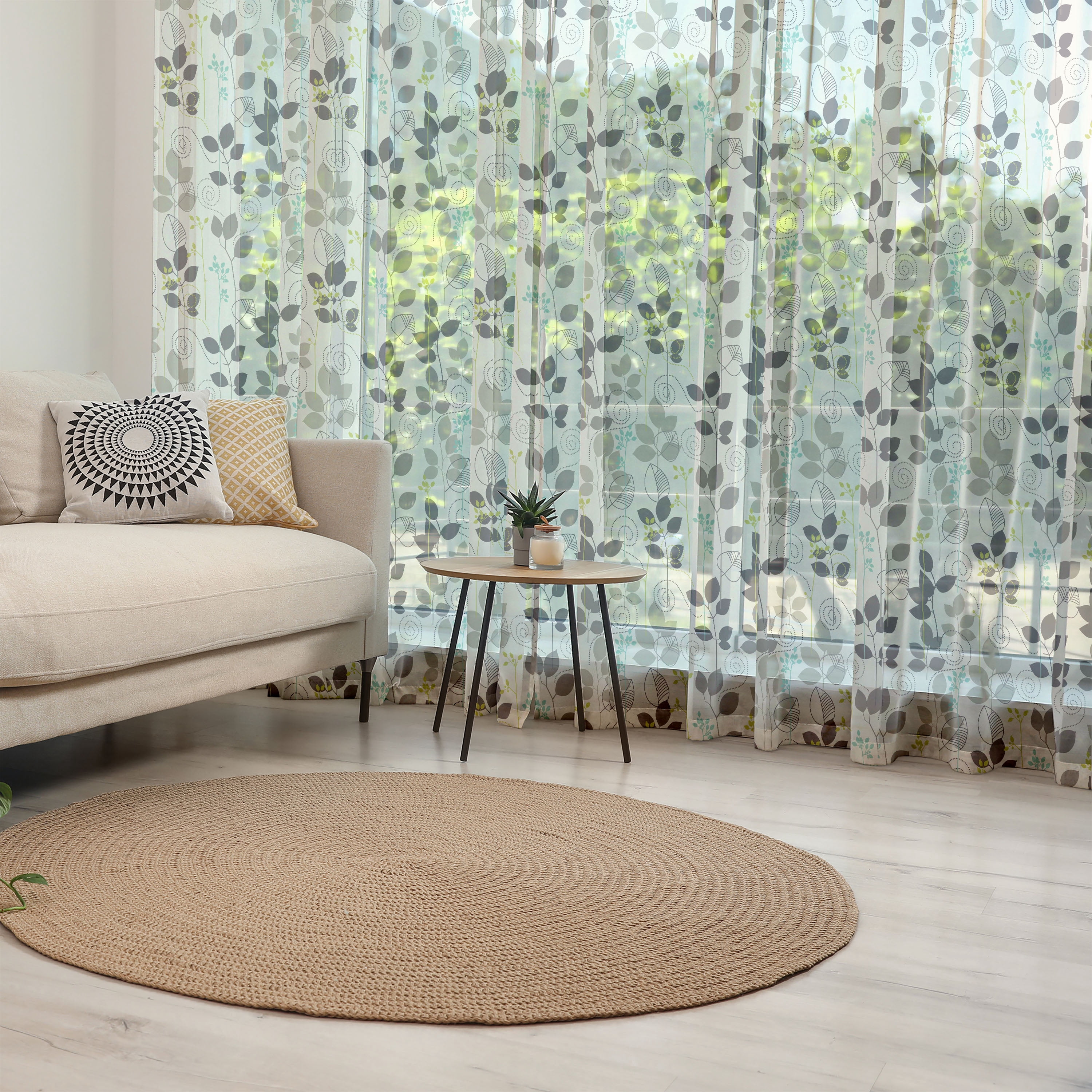 Floral Tulle Curtains with Rod Pocket, Doodle Leaves Earthen Toned Leaf ...