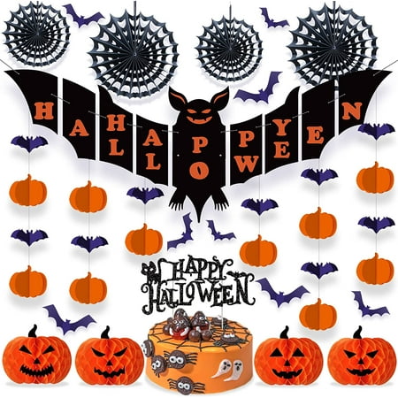 Halloween Decorations Indoor Hanging Big Bat Banner with Paper Pumpkin ...