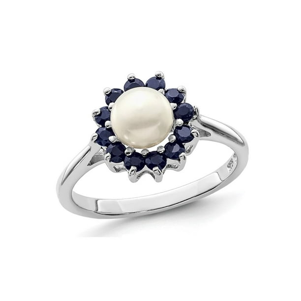 Freshwater Cultured Pearl Ring with Blue Sapphires in Sterling Silver ...