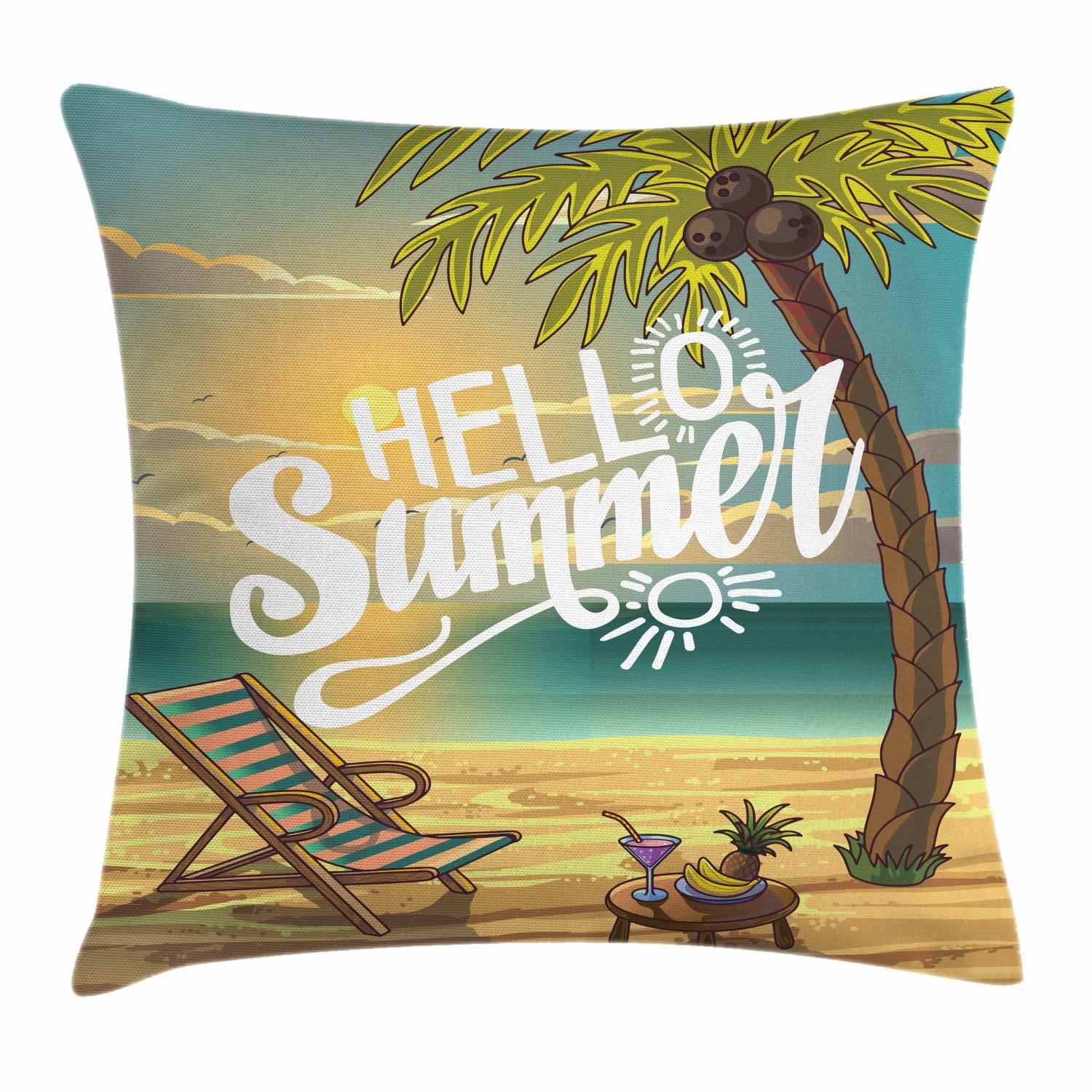 Hello Throw Pillow Cushion Cover, Seashore with Palm Tree and Chair ...